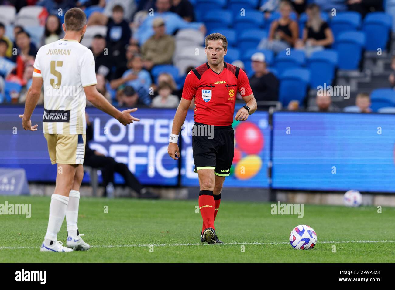 Sydney, Australia. 29th Apr, 2023. Referee, Alex King talks to Matthew ...