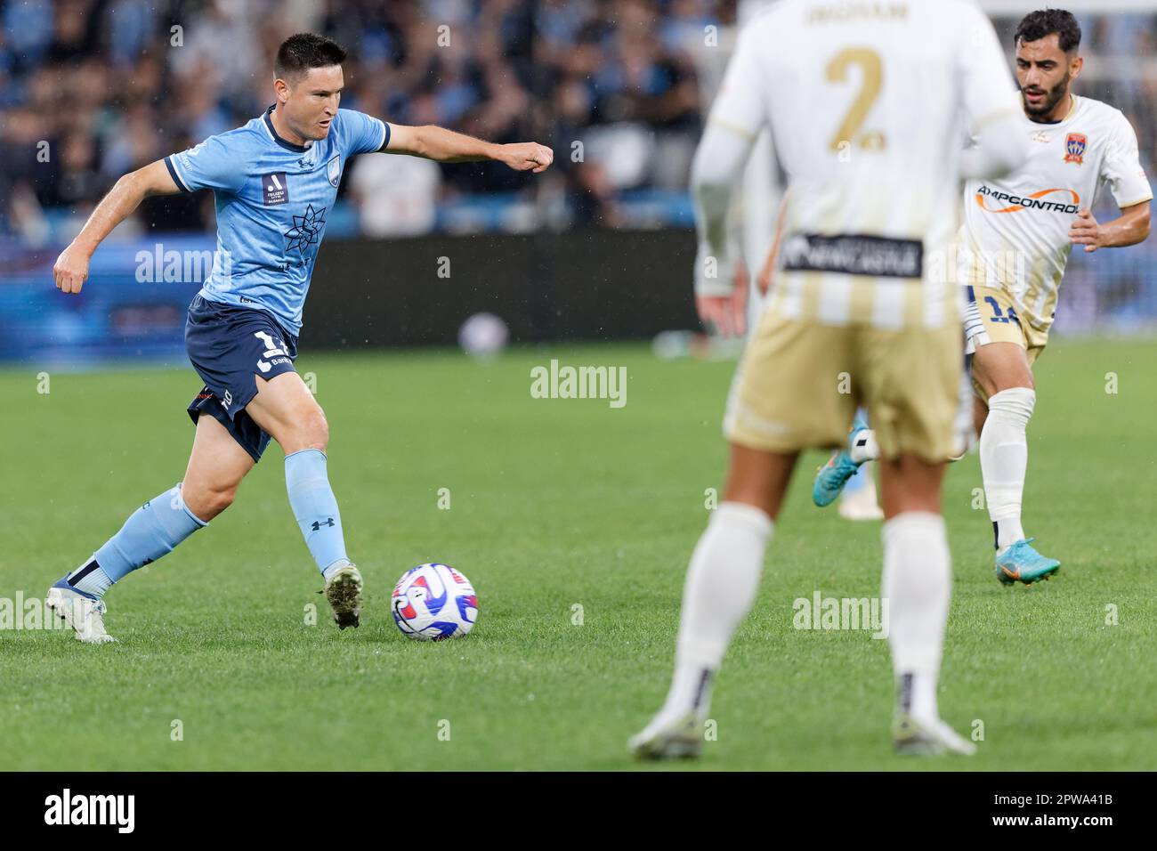 Sydney, Australia. 29th Apr, 2023. Joseph Lolley of Sydney FC controls ...