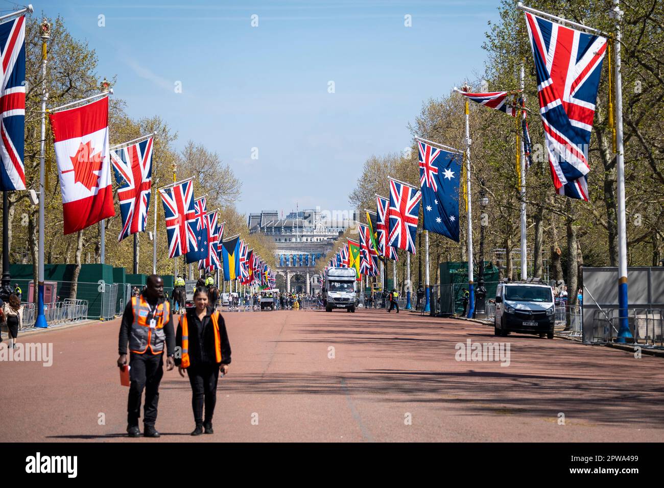 London, UK. 29 April 2023. Union flags and flags of the Commonwealth in ...