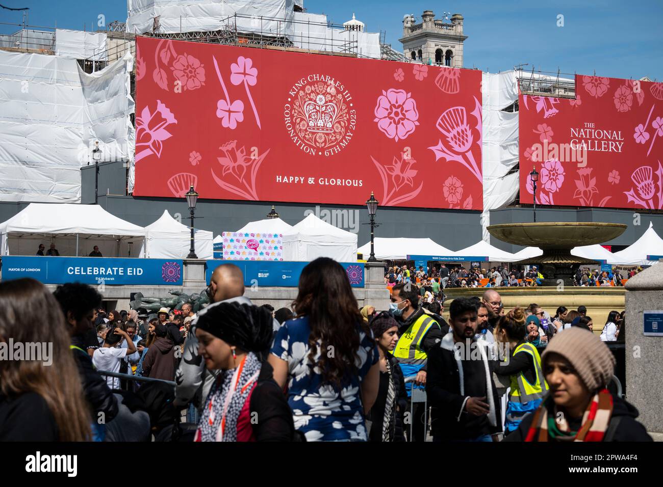 London, UK. 29 April 2023. A giant banner with the words Happy ...