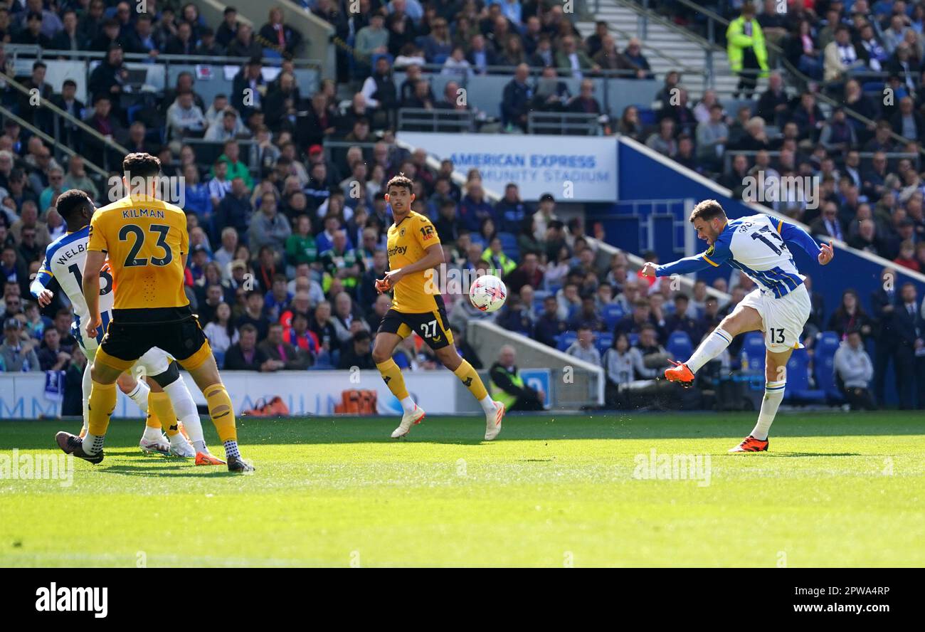 Brighton and Hove Albion's Pascal Gross scores the third goal during ...