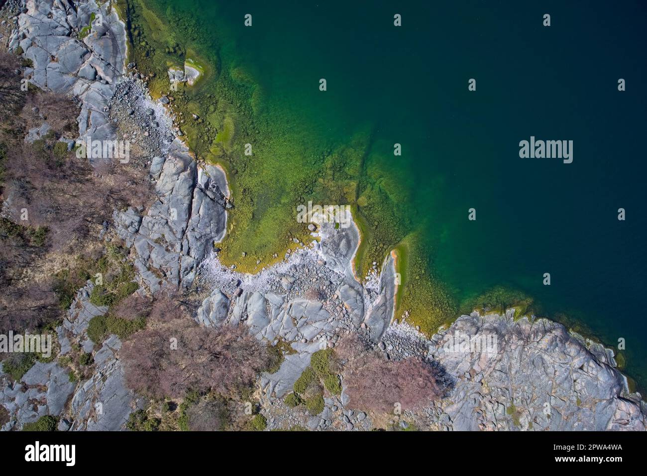 Aerial view of seashore on the island of Kökar in spring, Ahvenanmaa ...