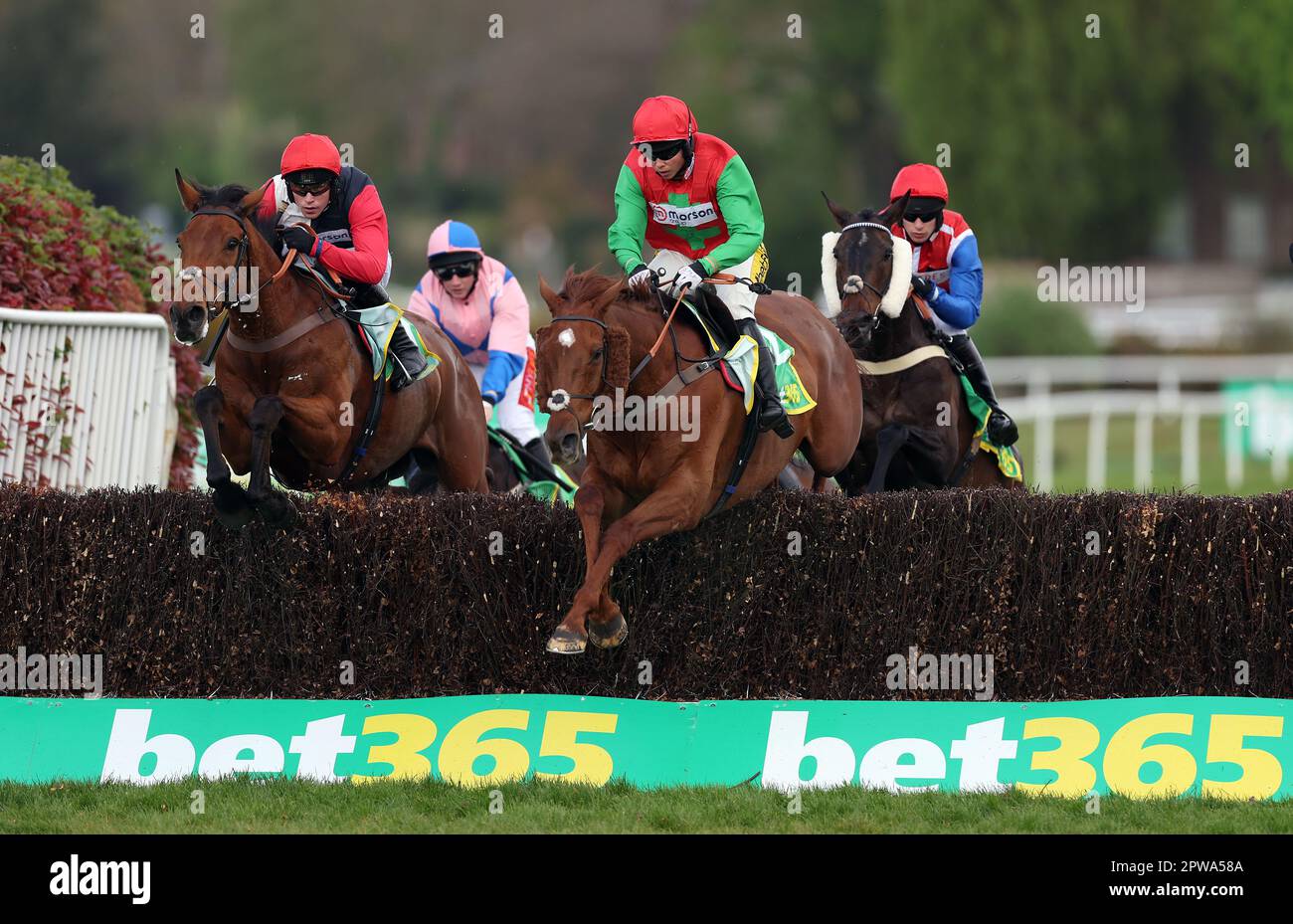 Quel Destin and jockey Bryony Frost (red/green silks) during the bet365 ...