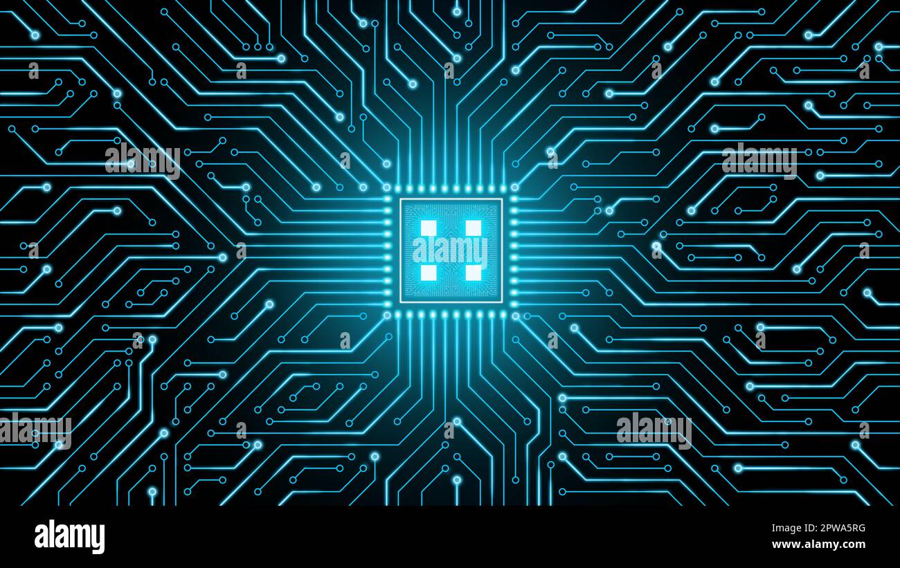 Circuit Board Background With Blue Line And Chip Processor In The Middle Electronic Computer