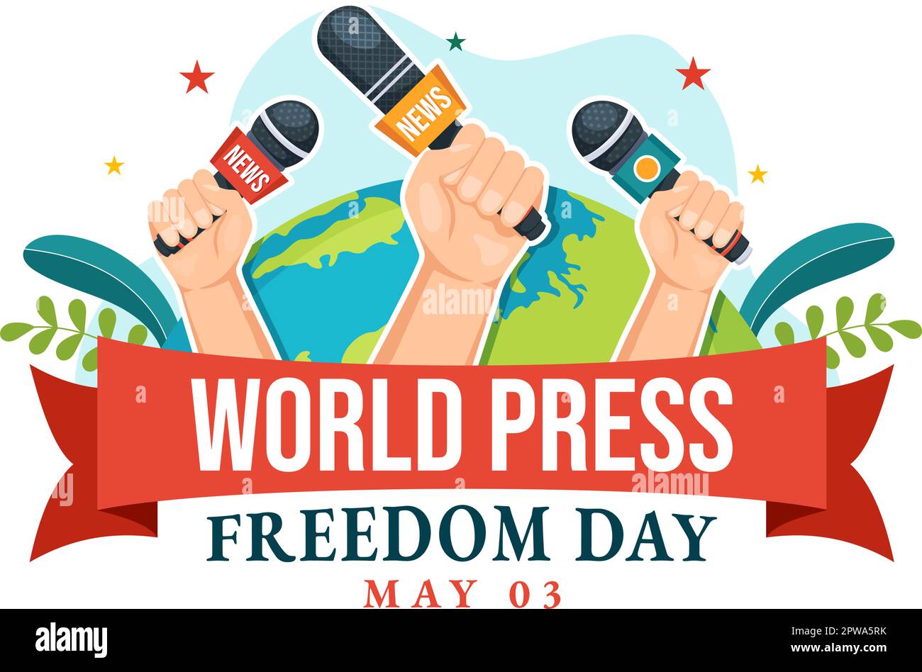 World Press Freedom Day on May 3 Illustration with Hands Holding News Microphones for Web Banner ...