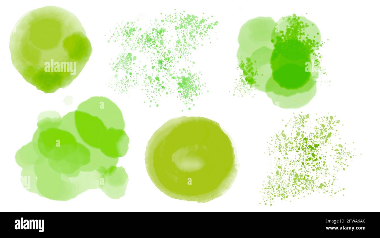 A set of watercolor colored spots. Green water spots on a white ...