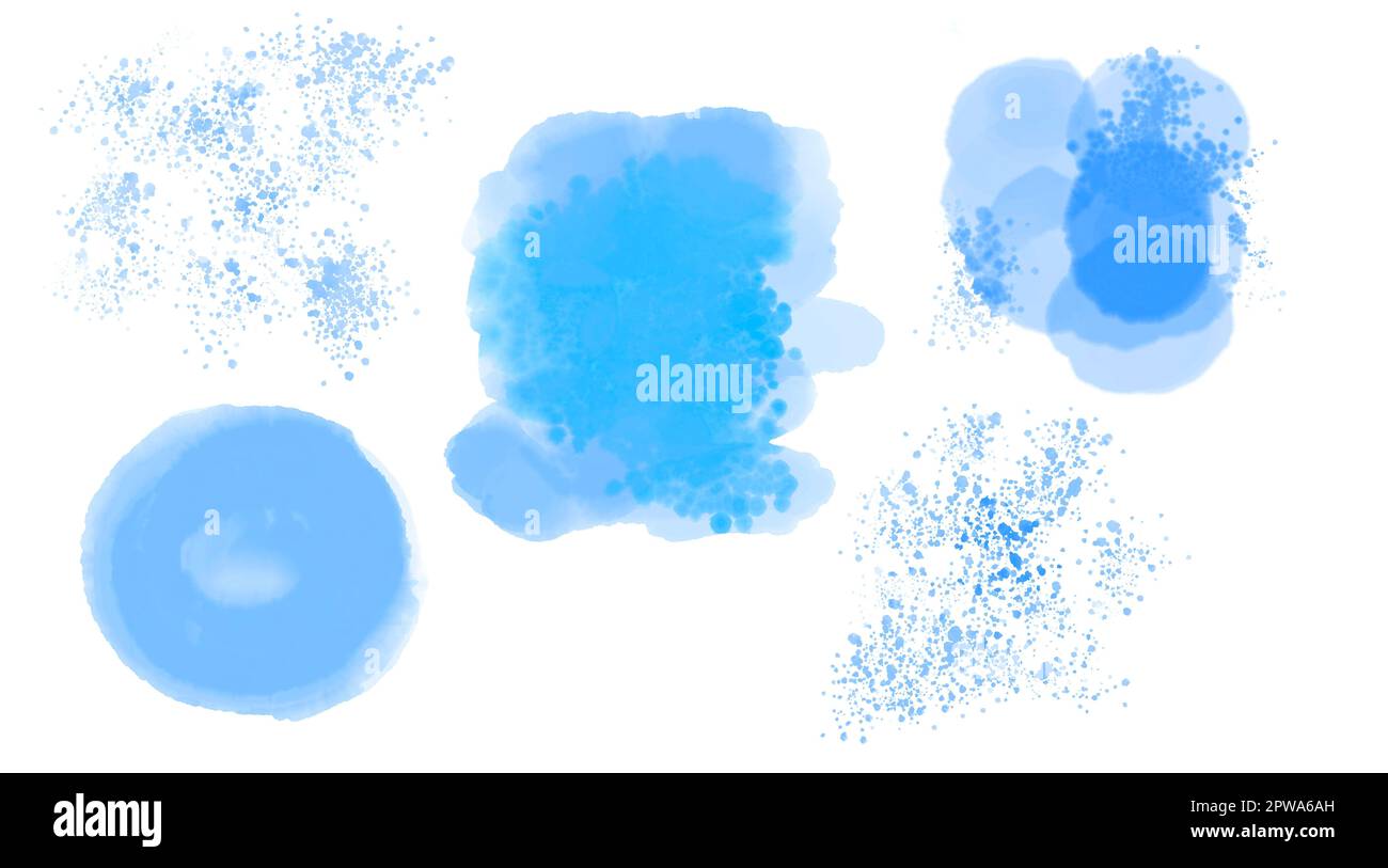 A set of watercolor colored spots. Blue water spots on a white ...