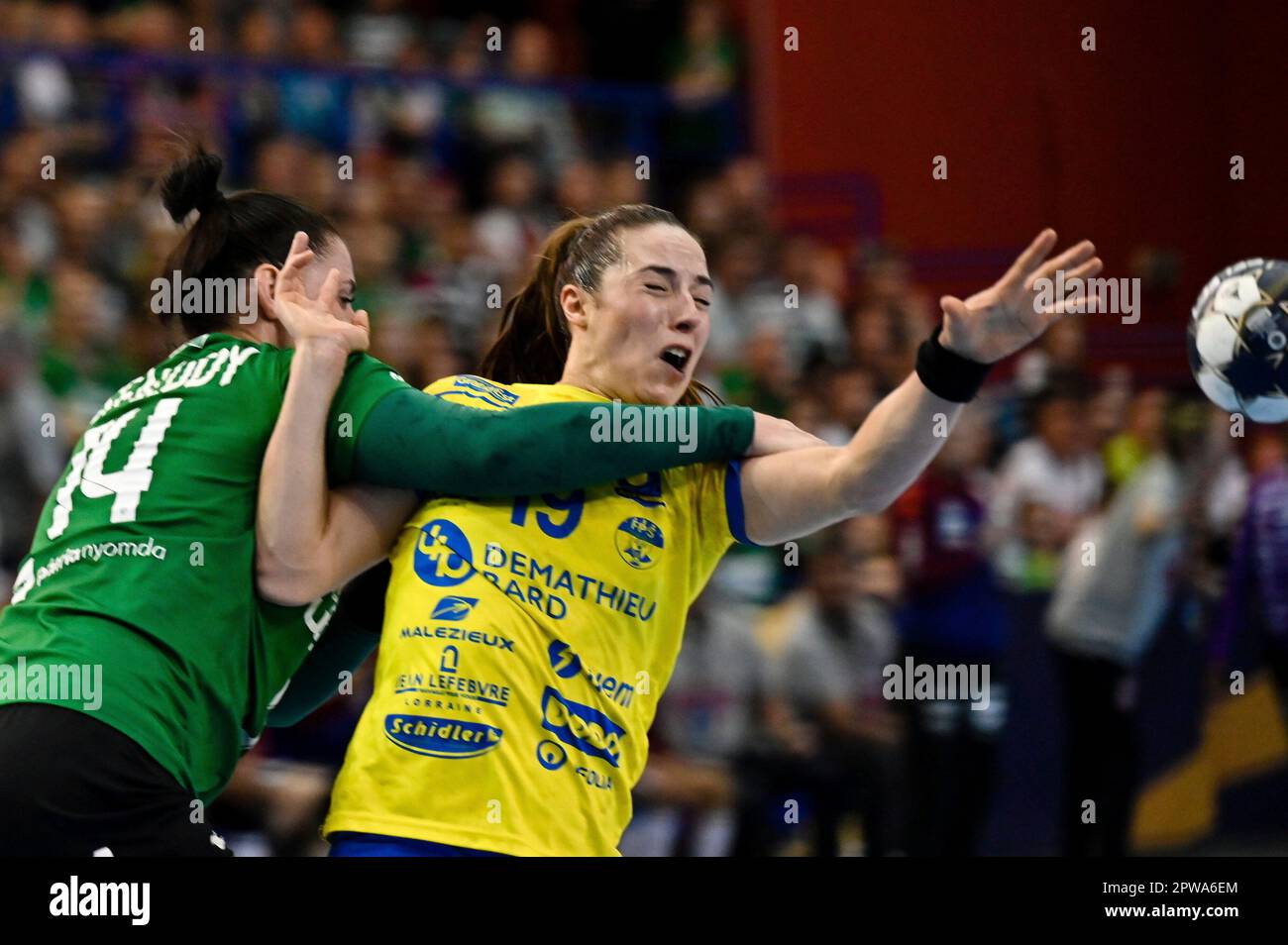 Anett Kisfaludy, left, of FTC in action against Louise Katharina Vinter ...