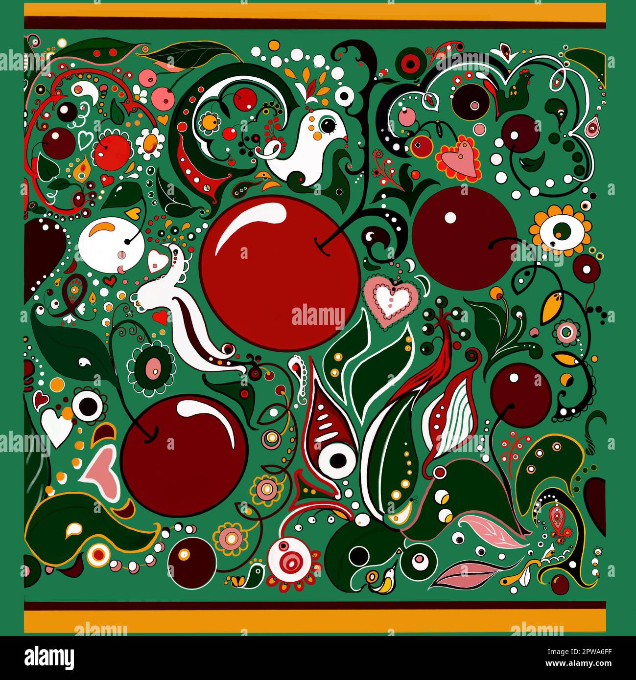 pattern fruits, with fruit elements, on a green background, drawn by ...