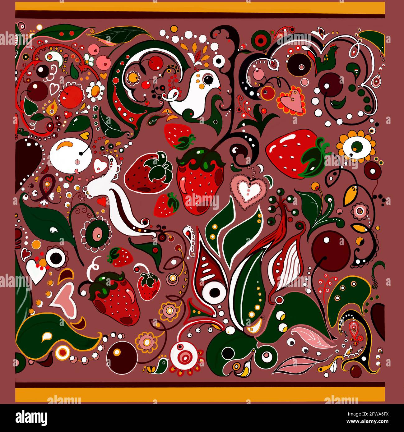 pattern fruits, with fruit, flowers, strawberry elements, on a red ...