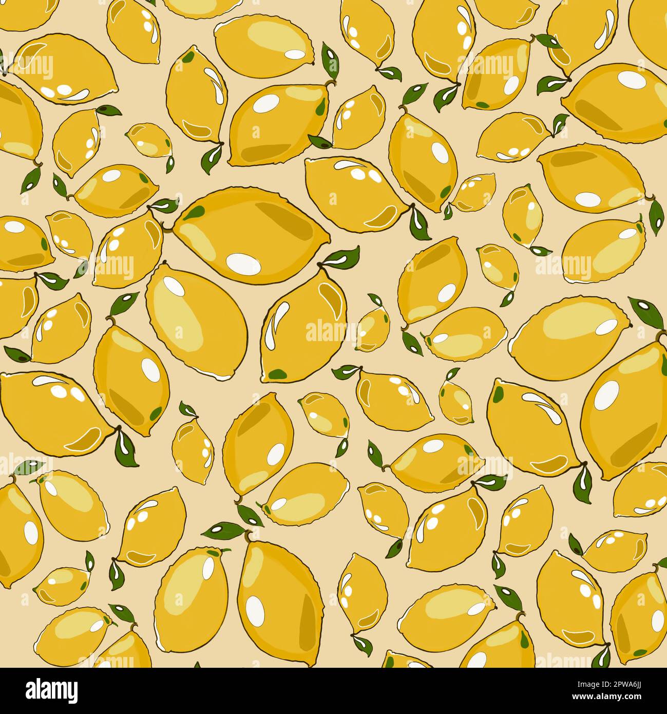 pattern fruits, with fruit, flowers, lemon elements, on a yellow ...