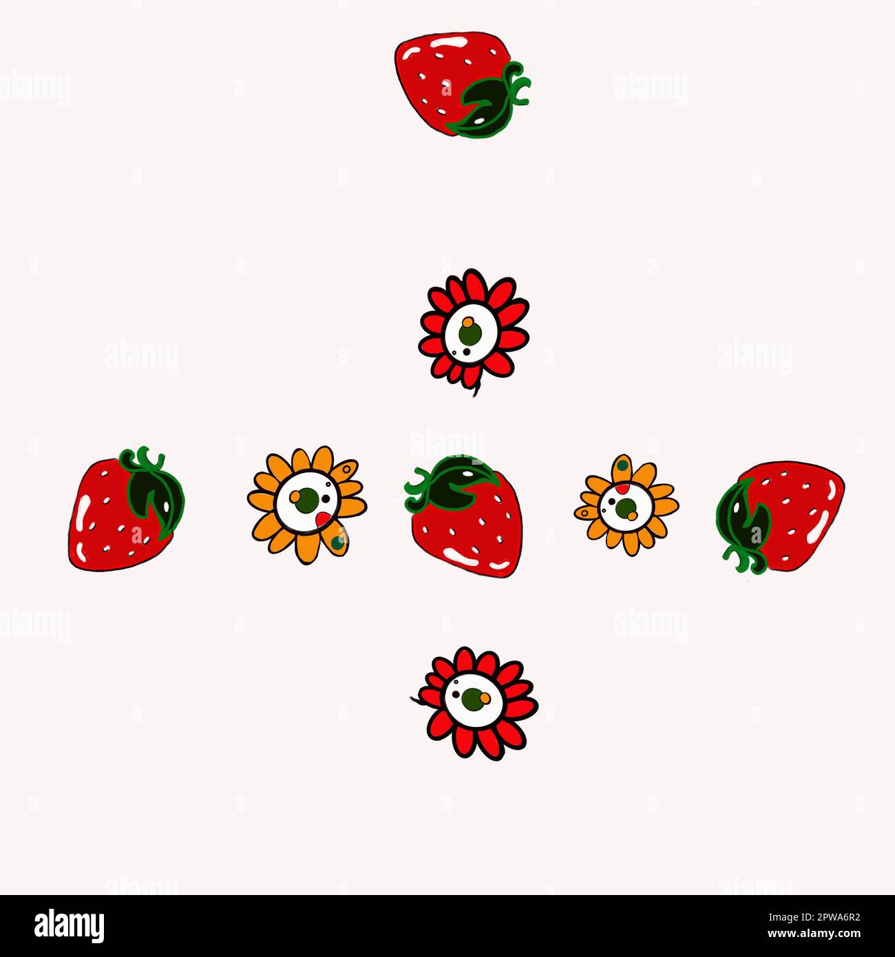 pattern with flowers, strawberry elements, on a white background, drawn ...