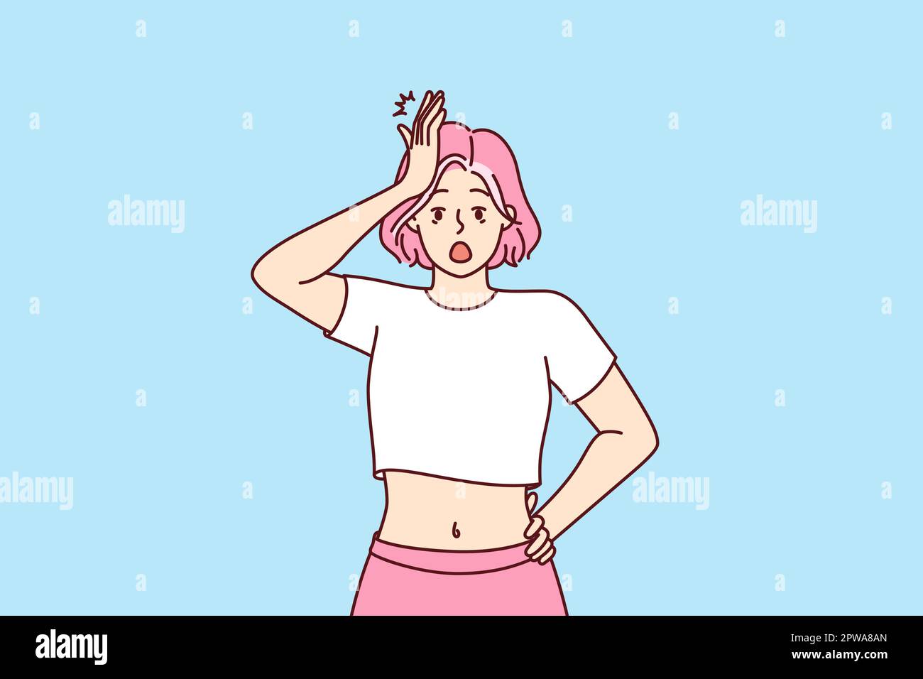 Forgetful shocked girl clutching head, opens mouth wide remembering ...