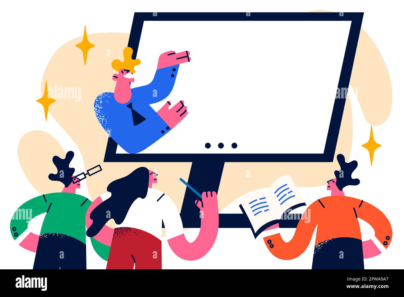 Diverse people getting distance education together looking at monitor ...