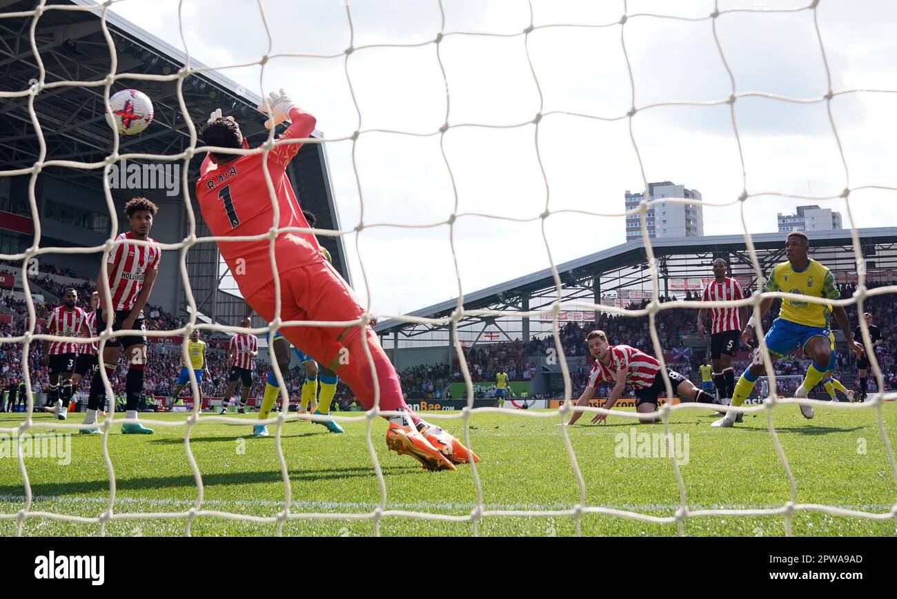 Nottingham Forest's Danilo scoring the opening goal past Brentford goalkeeper David Raya during ...