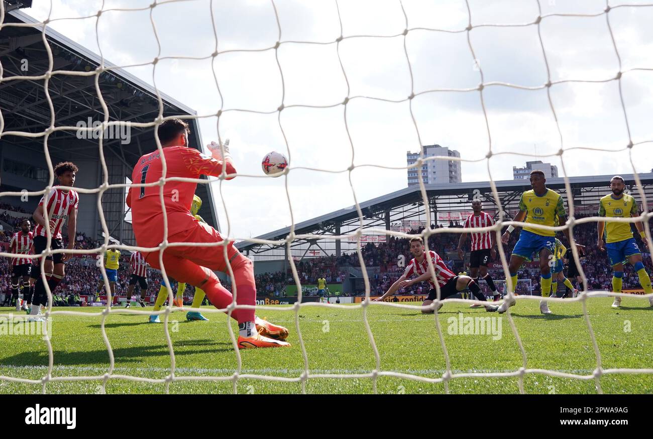 Nottingham Forest's Danilo scoring the opening goal past Brentford goalkeeper David Raya during ...