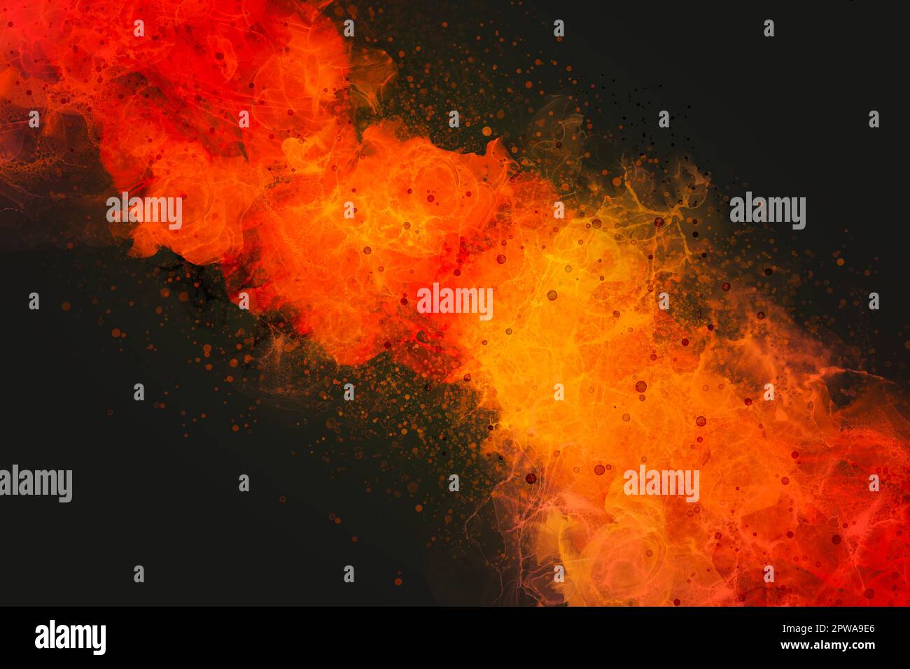 Alcohol ink art on black background. Red, orange and yellow undulating ...