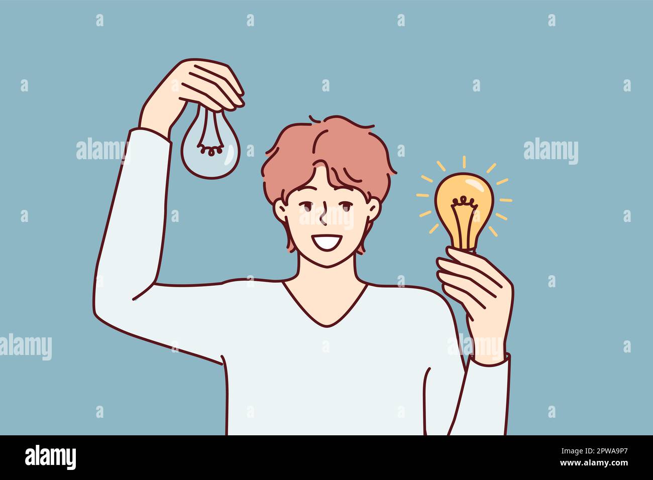 Man holding working and broken light bulbs to show off self-made ...
