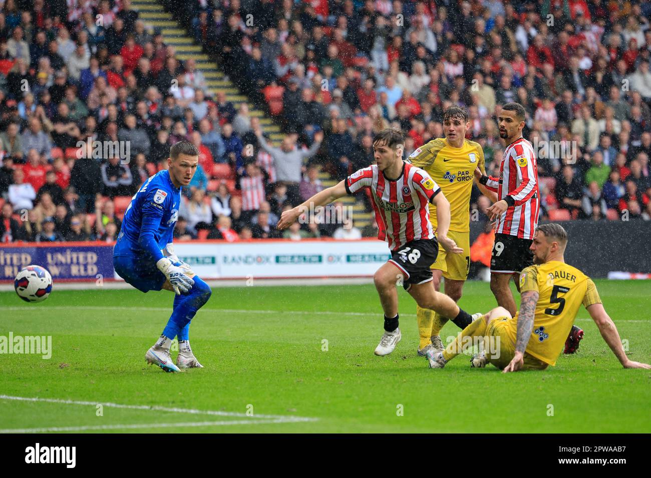 James McAtee #28 of Sheffield United has an effort on goal during the ...