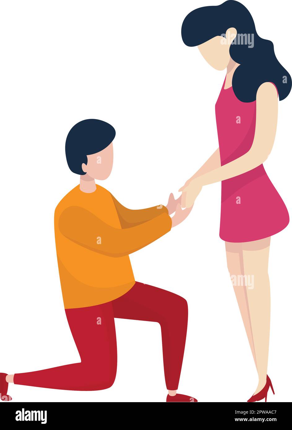 Romantic Man Down On One Knee And Propose To Woman Visualized With Simple Illustration Stock
