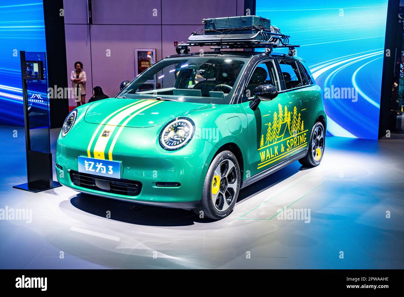 JAC Yiwei 3, exported as E30X, a small electric hatchback on display at ...