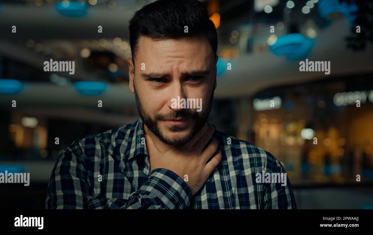 Arabian ethnicity sick ill man touch neck feel pain suffer from ...