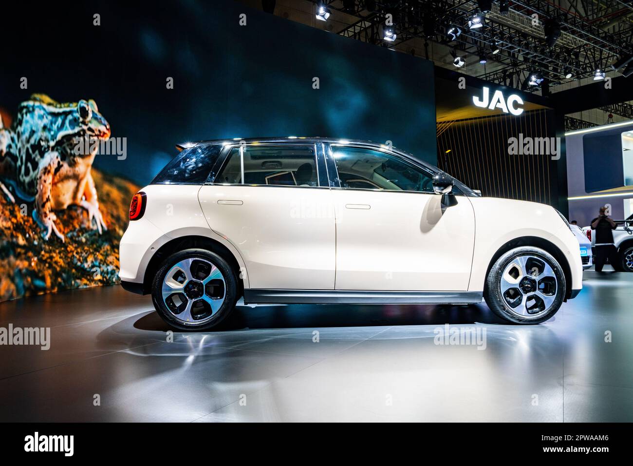 JAC Yiwei 3, exported as E30X, a small electric hatchback on display at ...