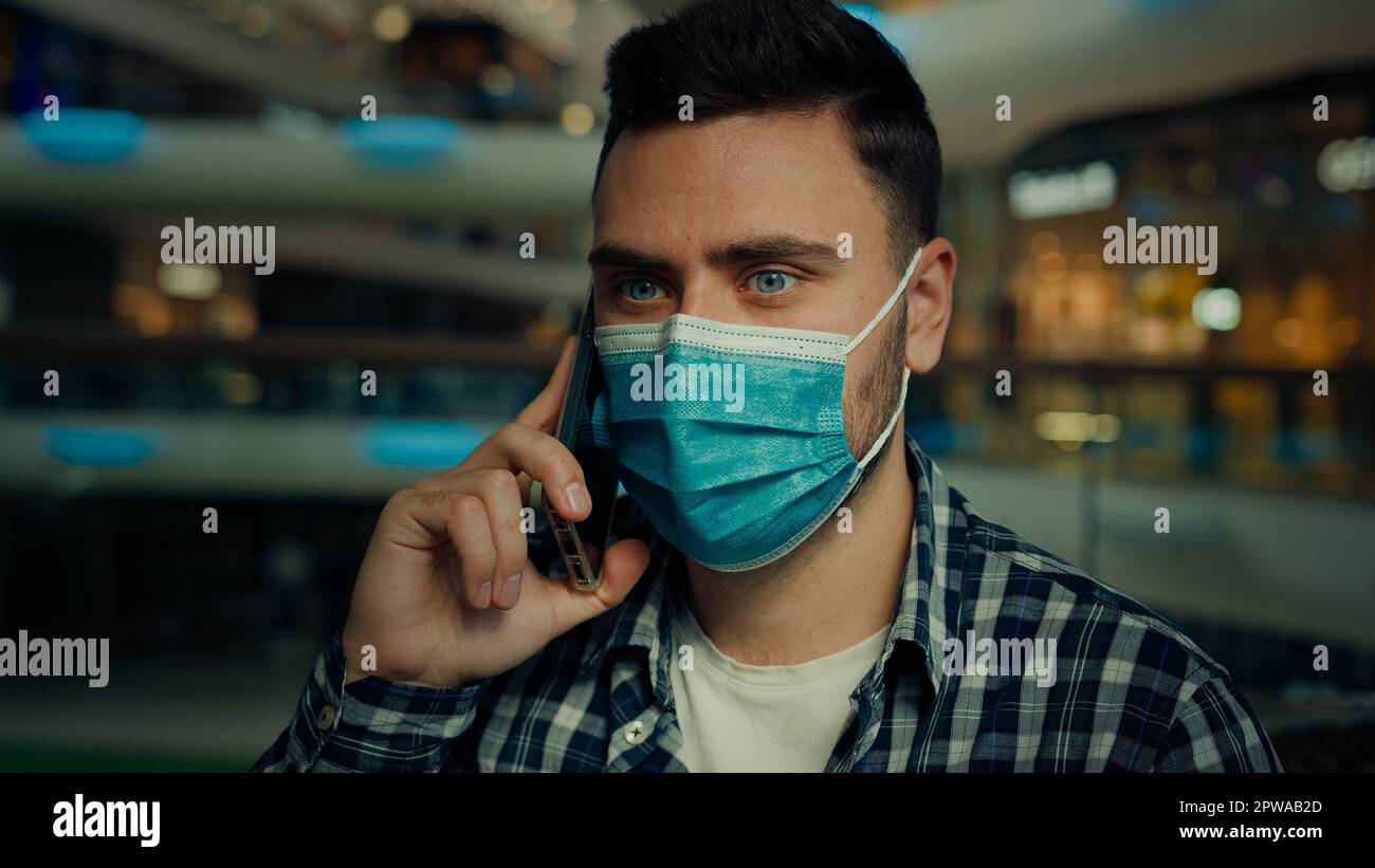 Business call in quarantine unhealthy sick man male shopper wears ...