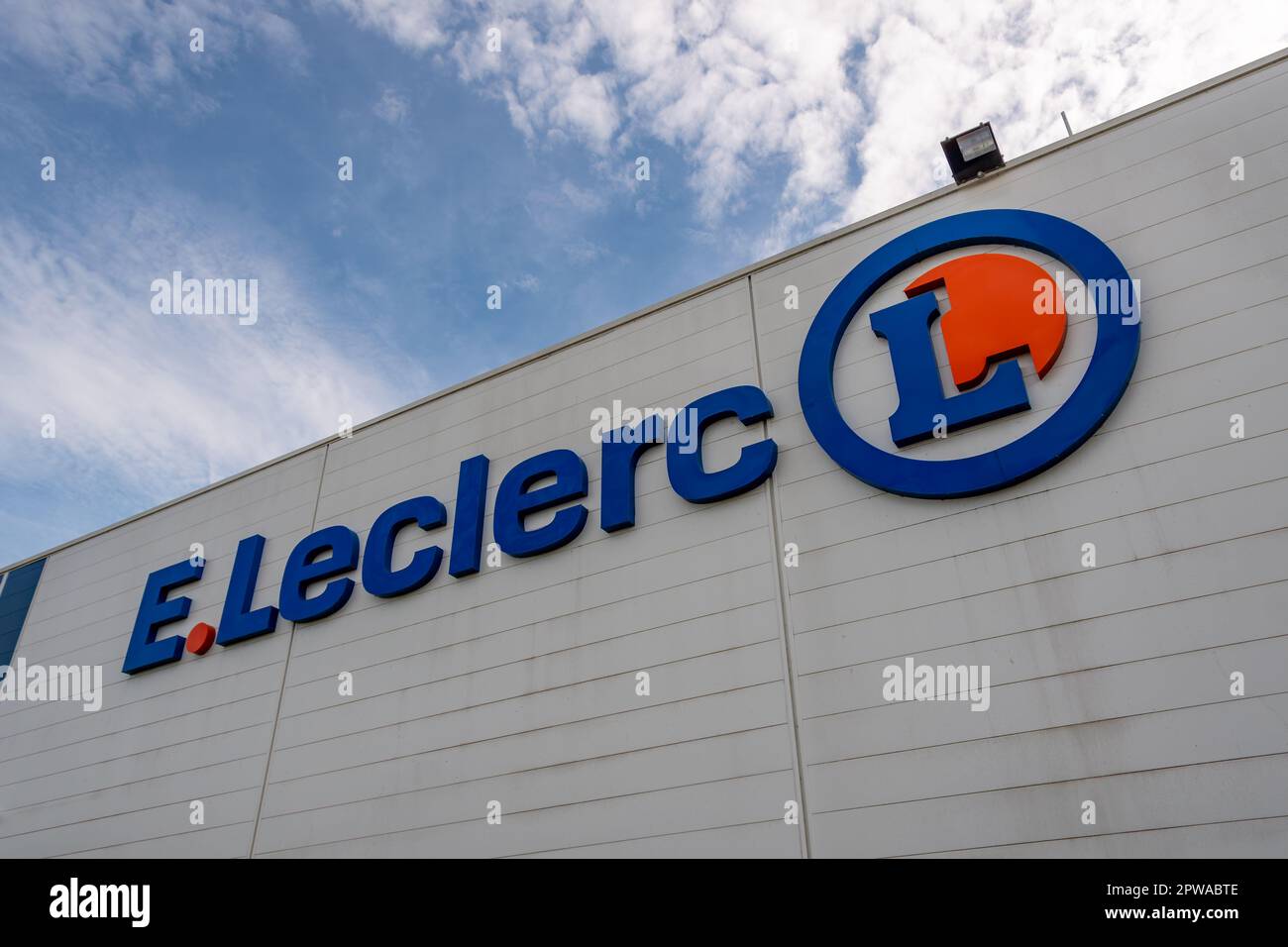 Commercial sign and logo of an E.Leclerc store (aka Leclerc), a ...