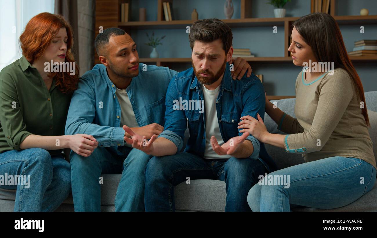 Sad desperate upset caucasian adult 30s man share life problem grief in ...