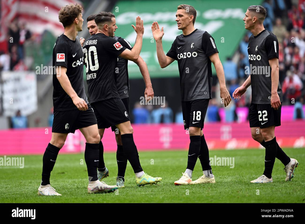 Freiburg's players celebrate their win after the German Bundesliga ...