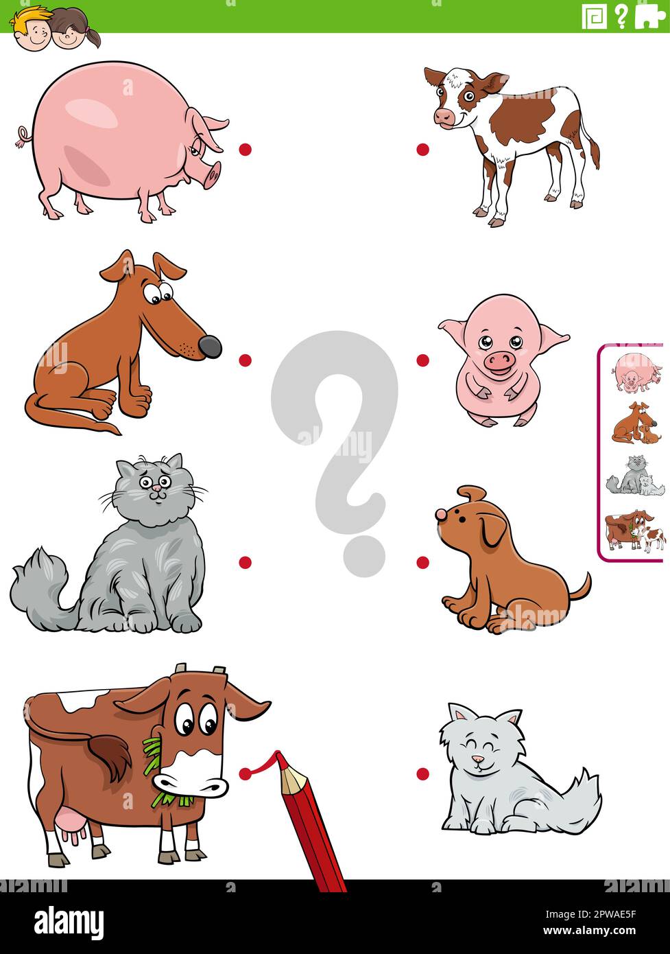 match cartoon animals and their babies educational game Stock Vector ...