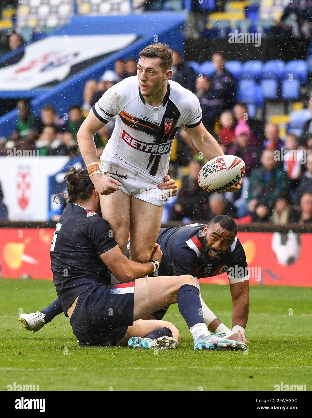 Warrington, England - 29th April 2023 - Jake Wardle of England offloads ...