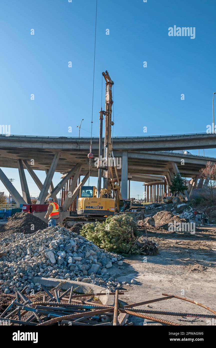 A drilling rig for digging drilled shafts to support freeway on-ramps ...