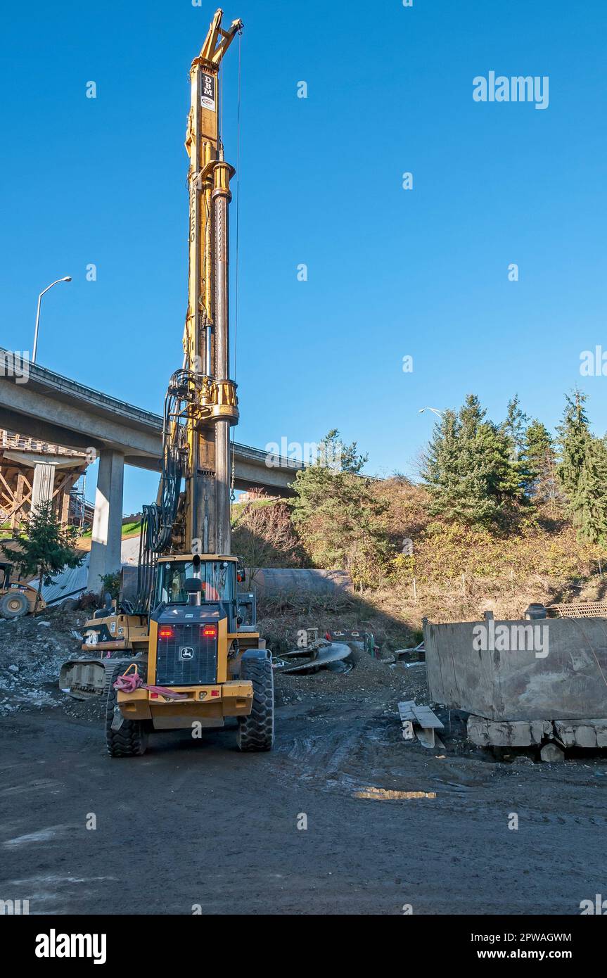 A drilling rig for digging drilled shafts to support freeway on-ramps ...