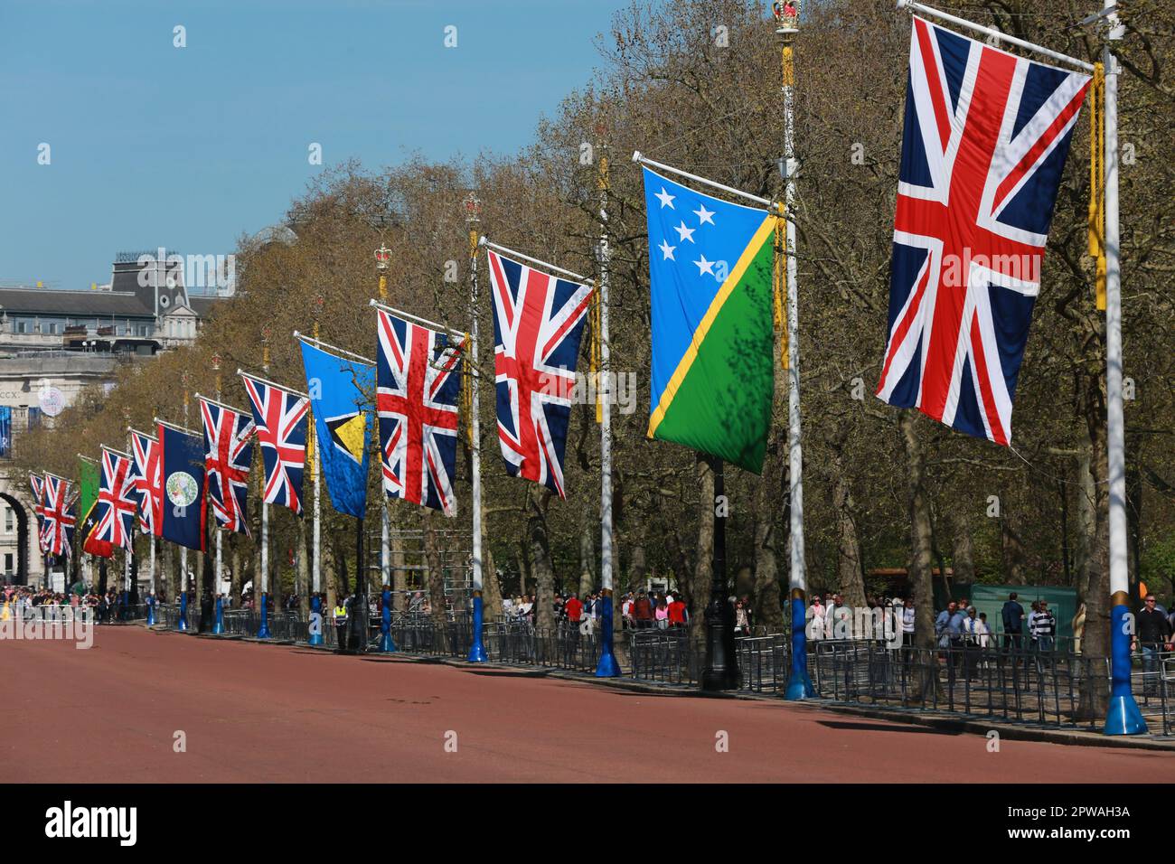 London, UK. 29 April 2023. Union Jacks and flags of Commonwealth ...