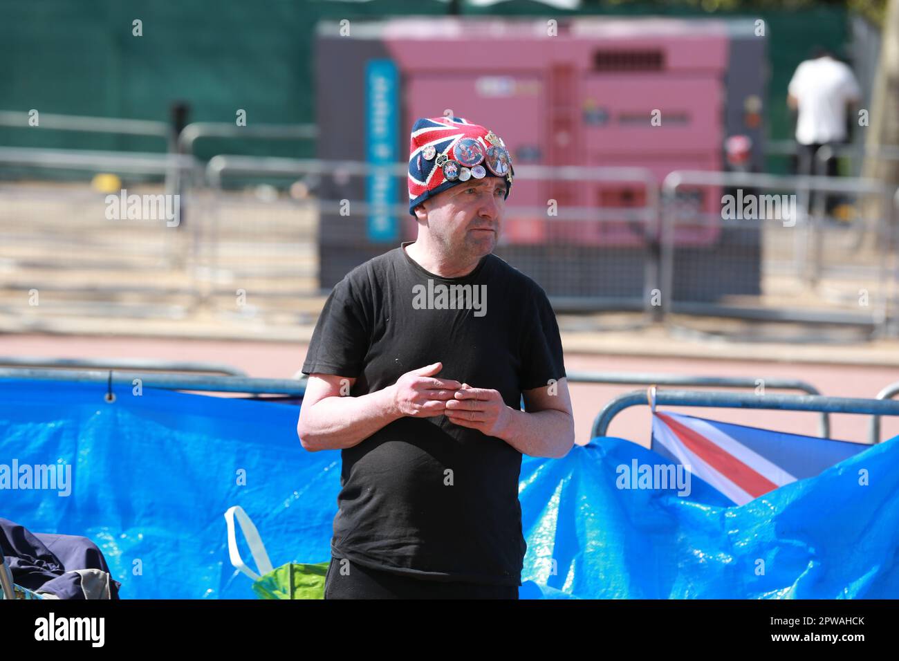 London, UK. 29 April 2023. Royal superfan John Loughrey, 68, of ...