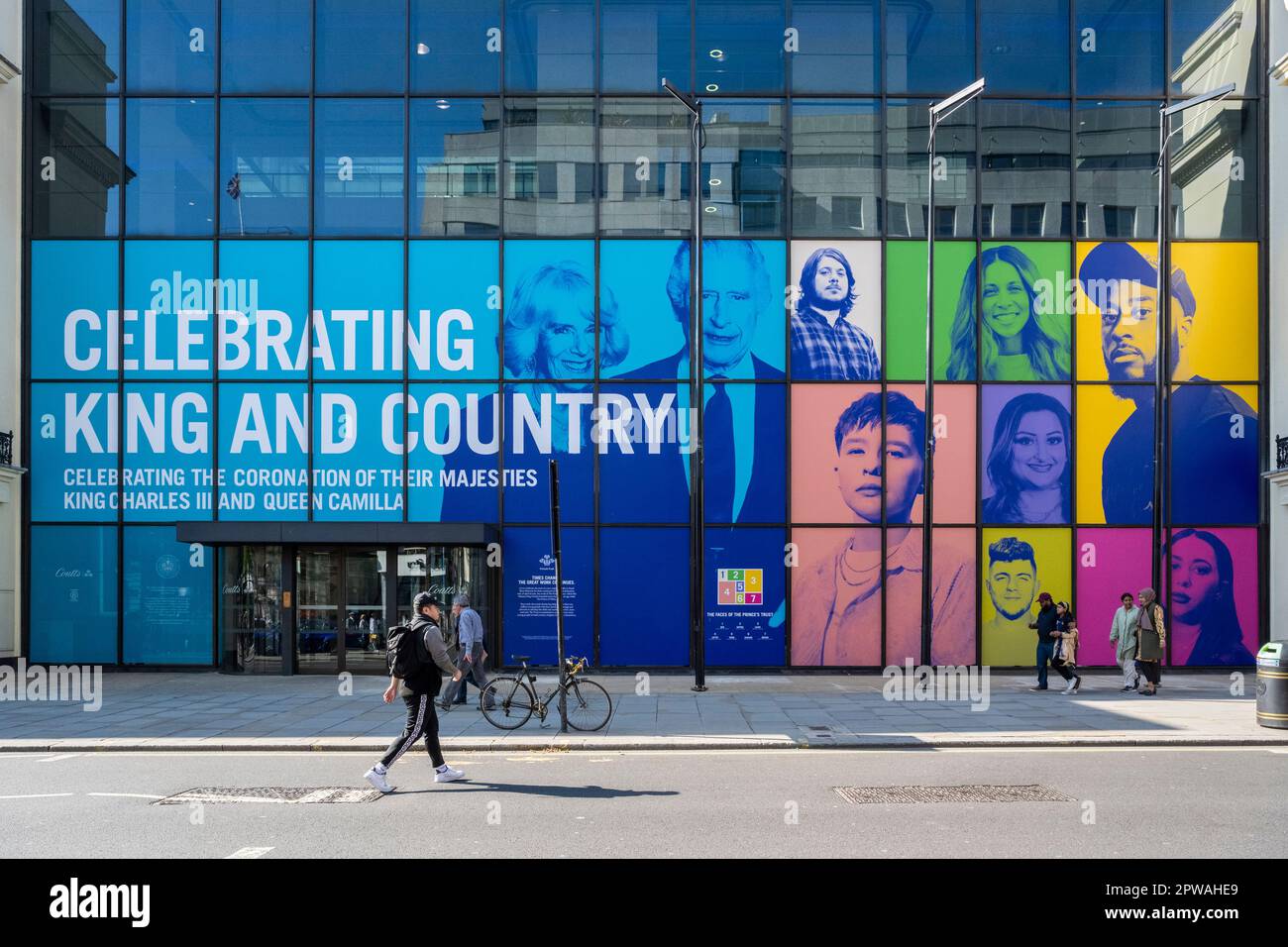 London, UK. 29 April 2023. Decorations in the windows of Coutts Bank in ...