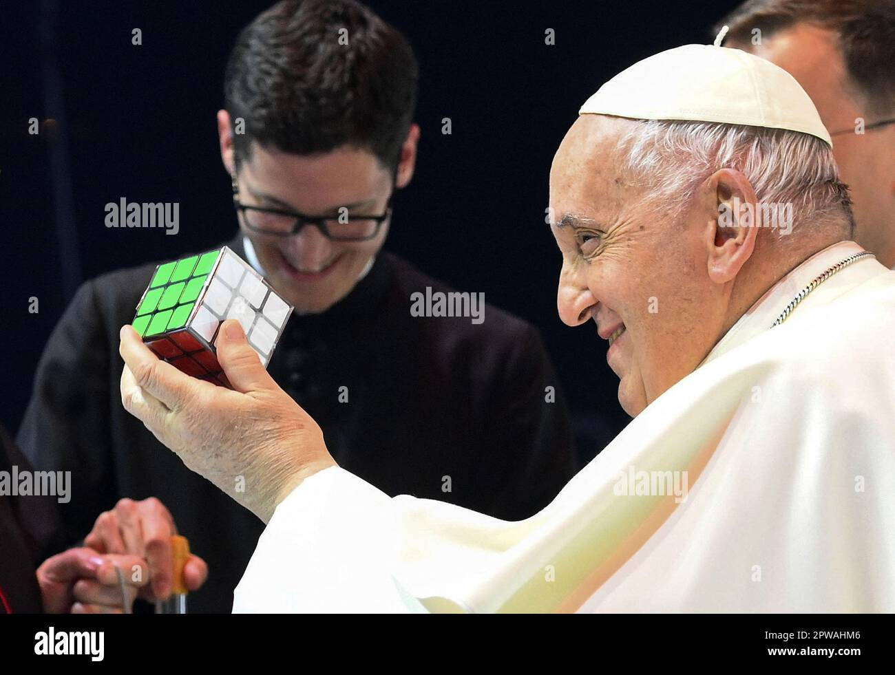 Budapest, Hungary. 29th Apr, 2023. Pope Francis shows a Rubik's Cube ...
