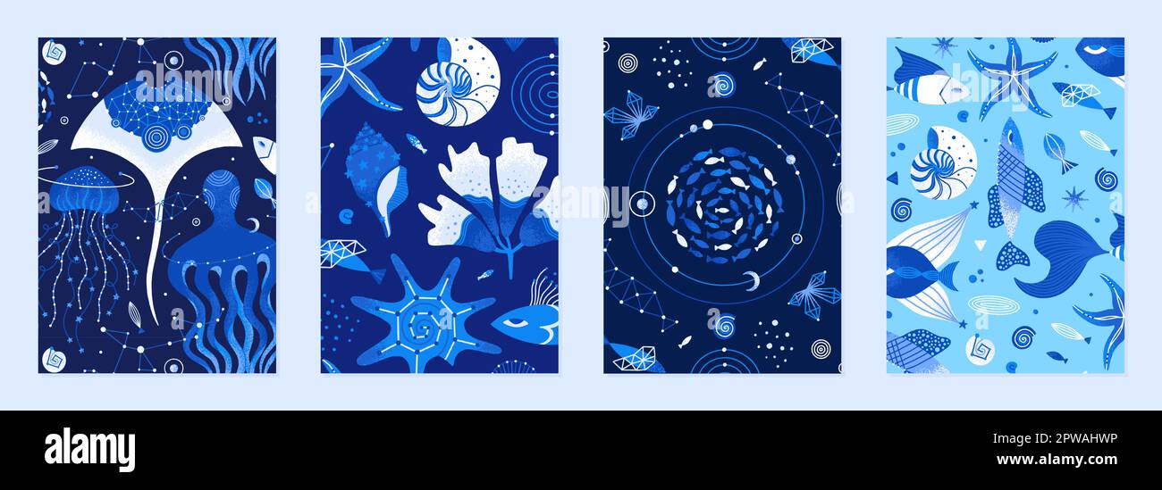 Set of vector illustrations of cosmic underwater creatures. Marine life ...