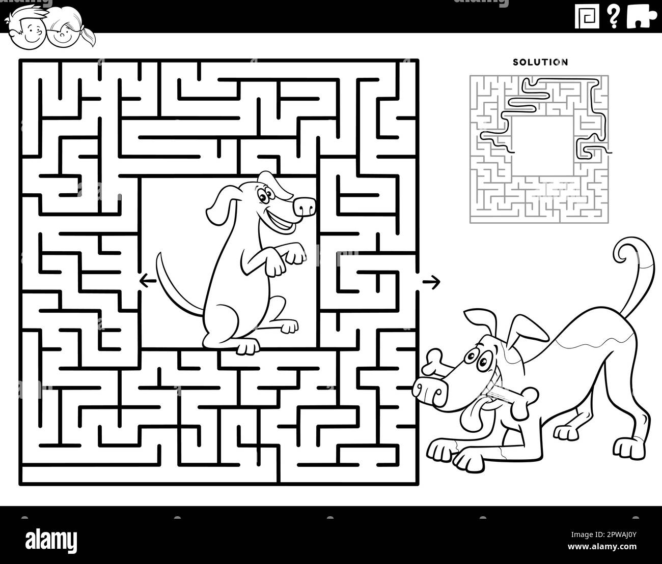 maze with cartoon dogs animal characters coloring page Stock Vector ...