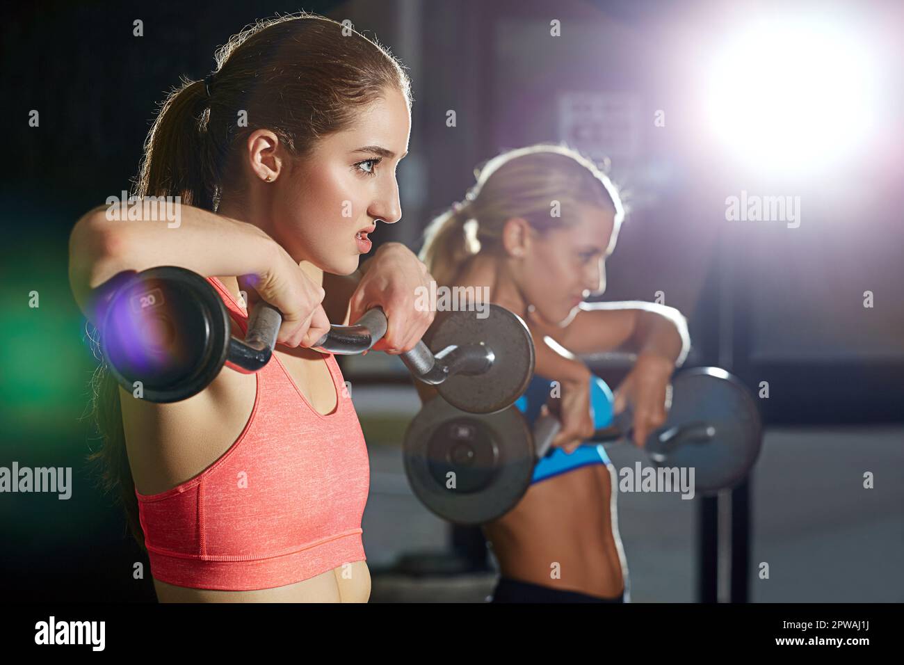 Lift heavy, lift hard. two young women working out with weights at the ...