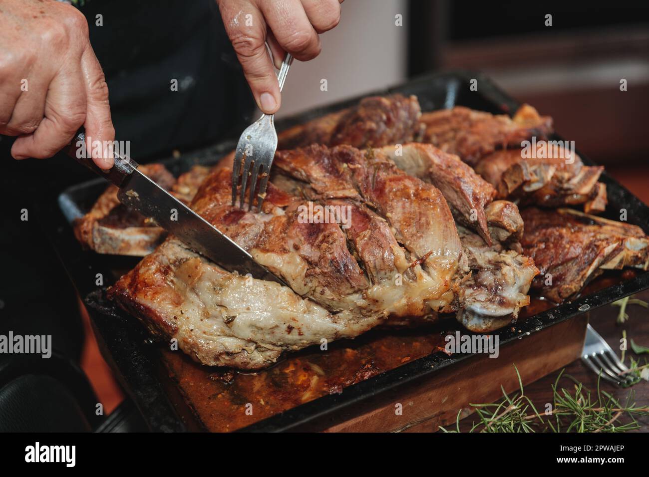 Savor the Flavor: Intimate Views of Skilled Hands Carving Juicy Lamb ...