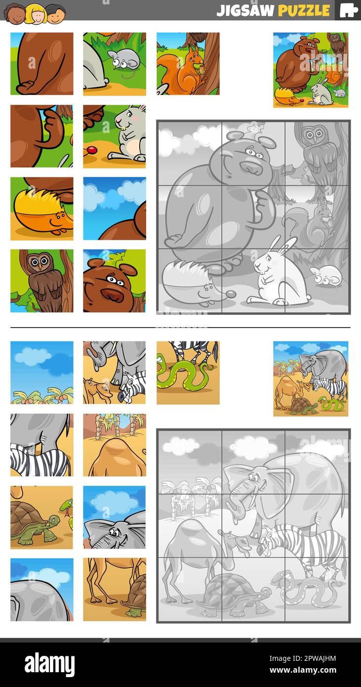 jigsaw puzzle game set with cartoon wild animals Stock Vector Image ...