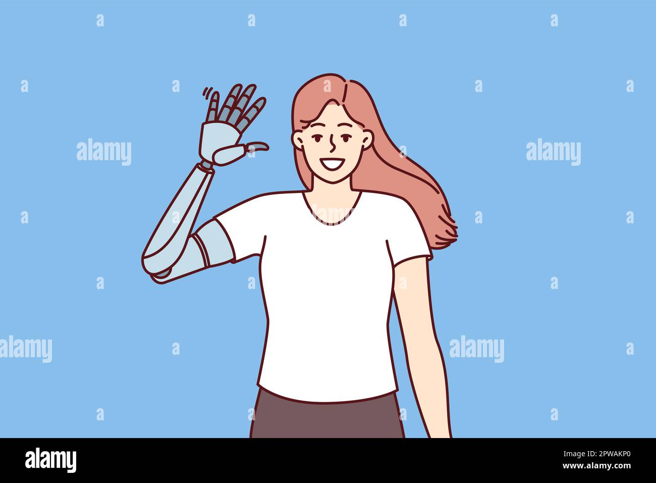 Happy girl waves prosthesis hand to demonstrate new mechanical robotic ...
