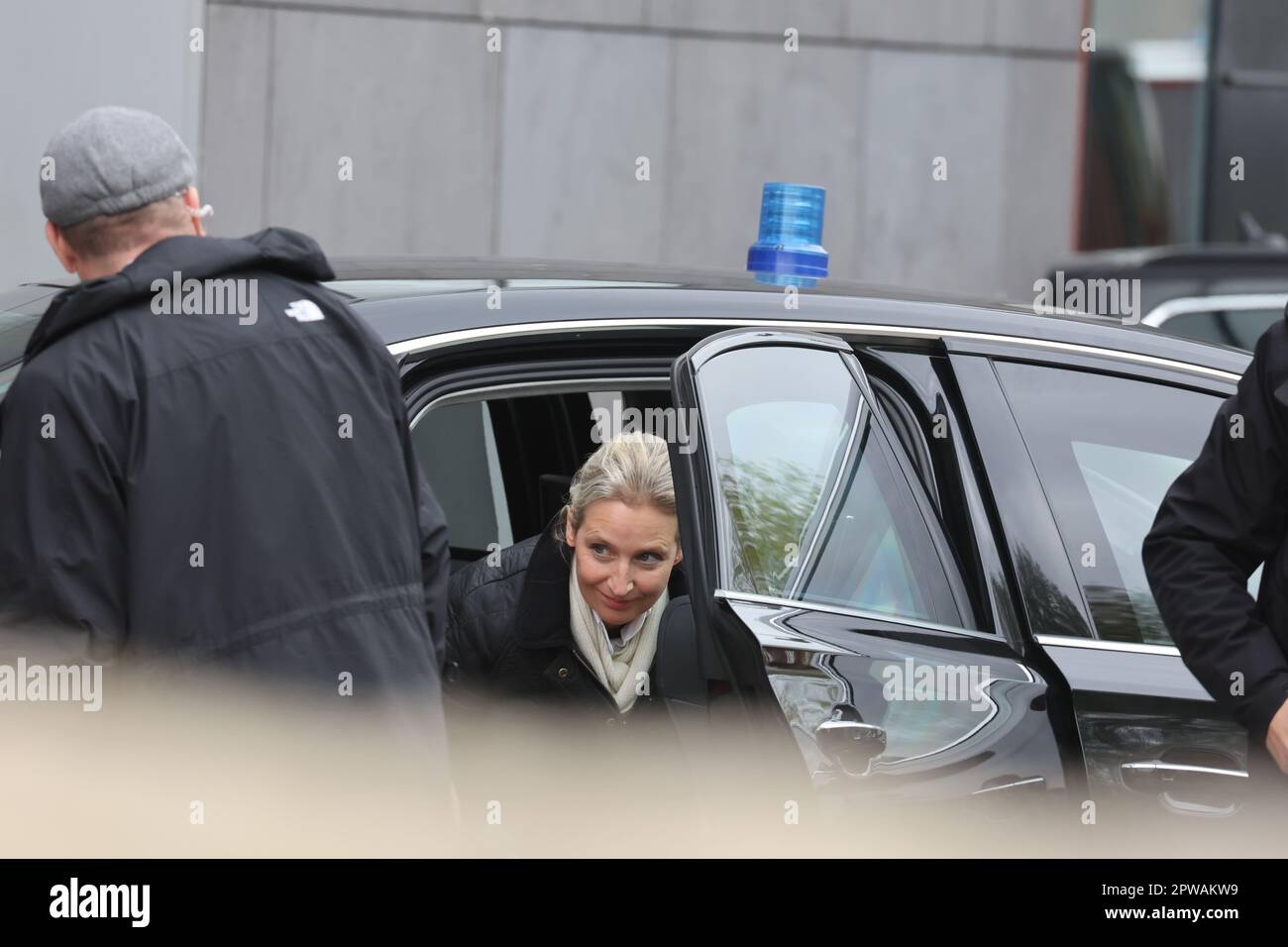 Erfurt, Germany. 29th Apr, 2023. Alice Weidel, leader of the AfD, gets ...