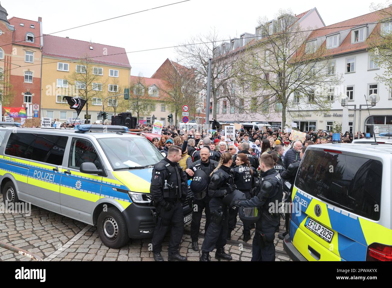 Erfurt, Germany. 29th Apr, 2023. Police officers stand in front of the ...