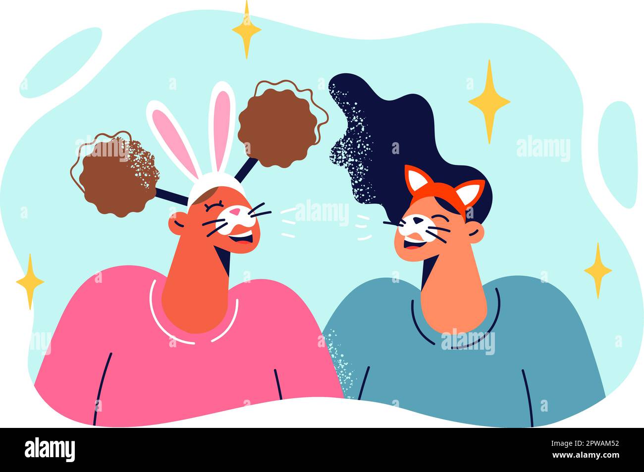 Two teenage girls wearing animal masks for masquerade ball or Halloween ...