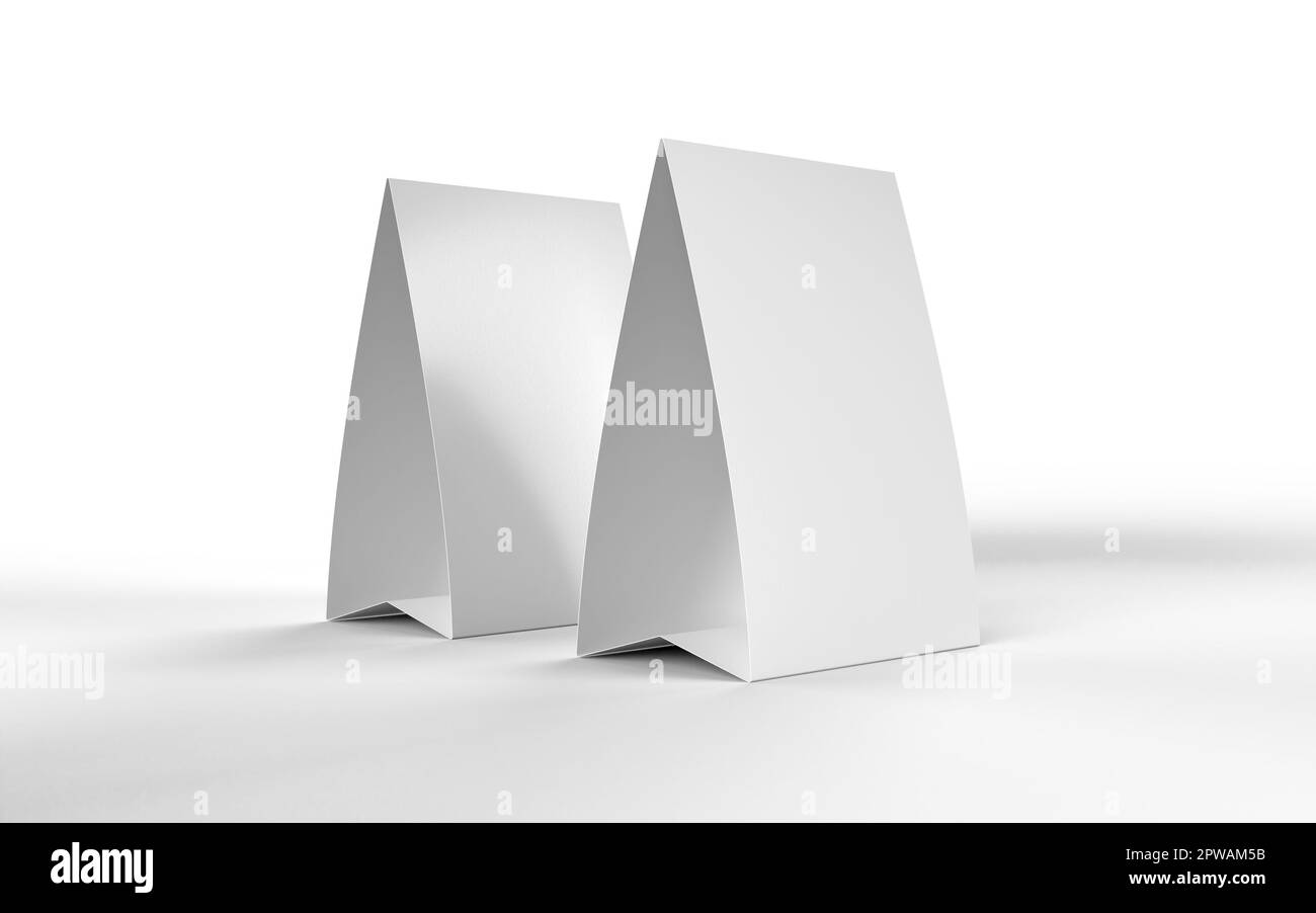 3D Render Illustration of a white brochure table tent, isolated on a ...