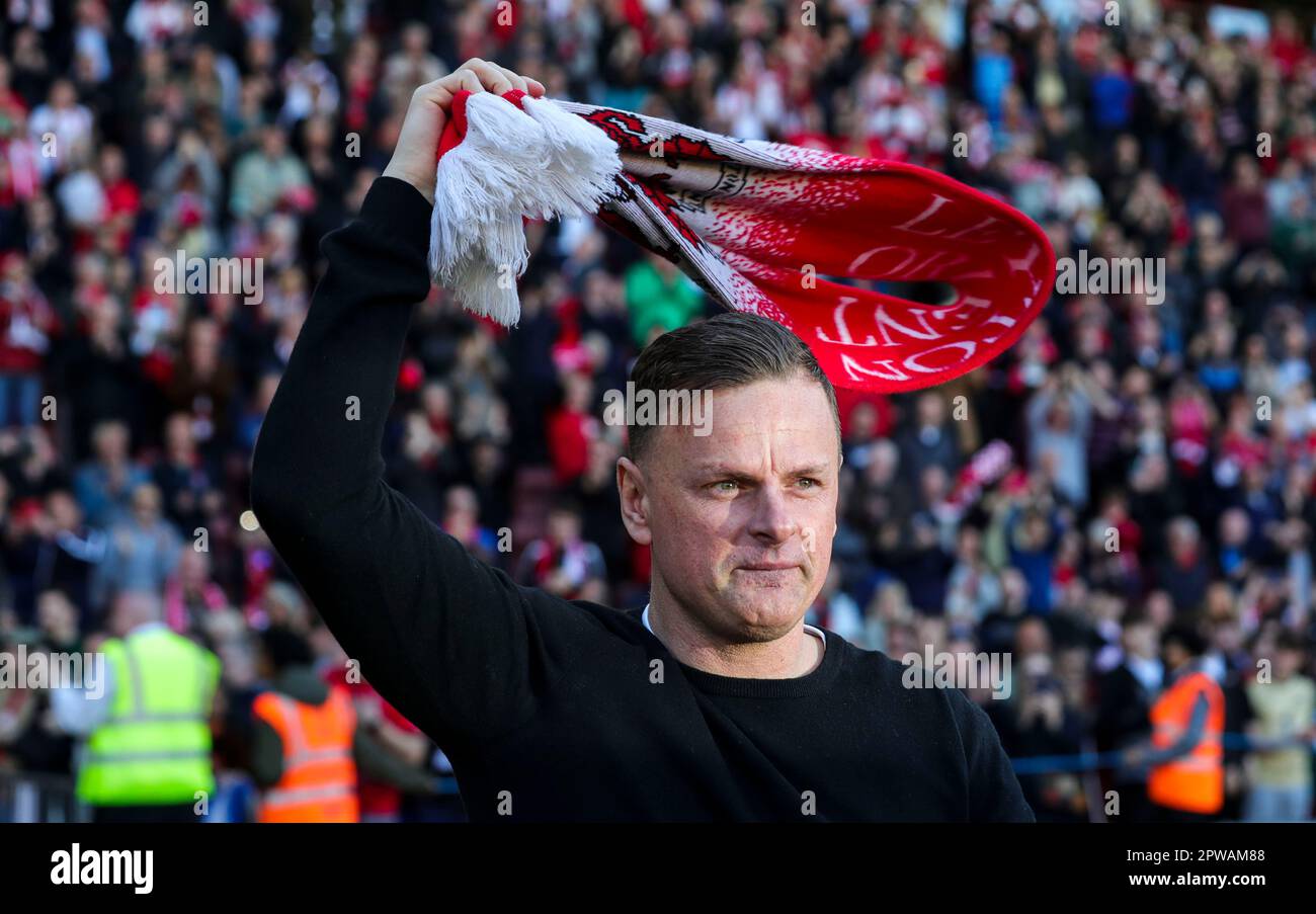 Leyton Orient manager Richie Wellens celebrates his side's promotion ...